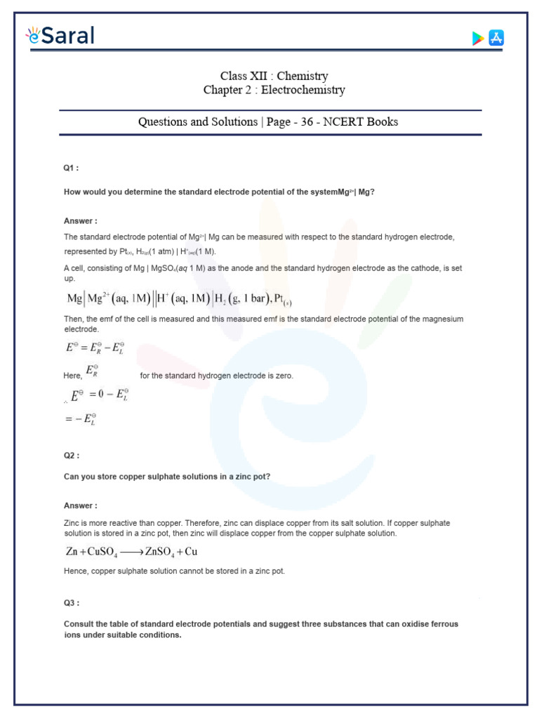 NCERT Solutions Class 12 Chemistry Chapter 2 Electrochemistry PDF | PDF ...