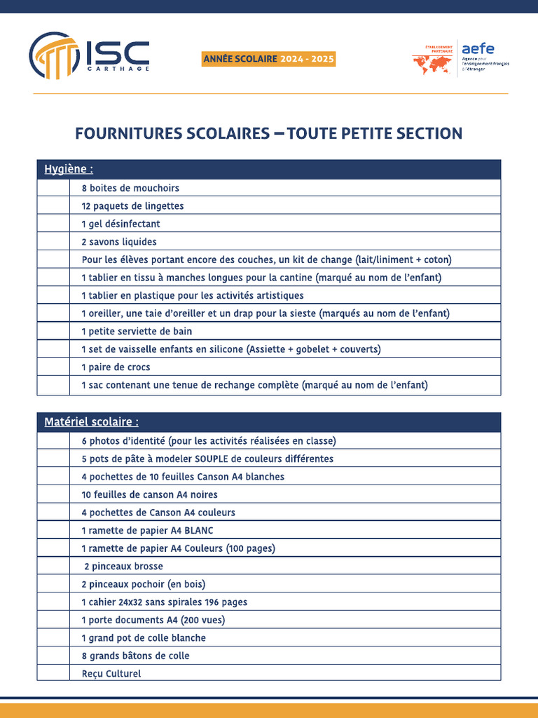 Fournitures Scolaires Tps Isc Carthage | PDF