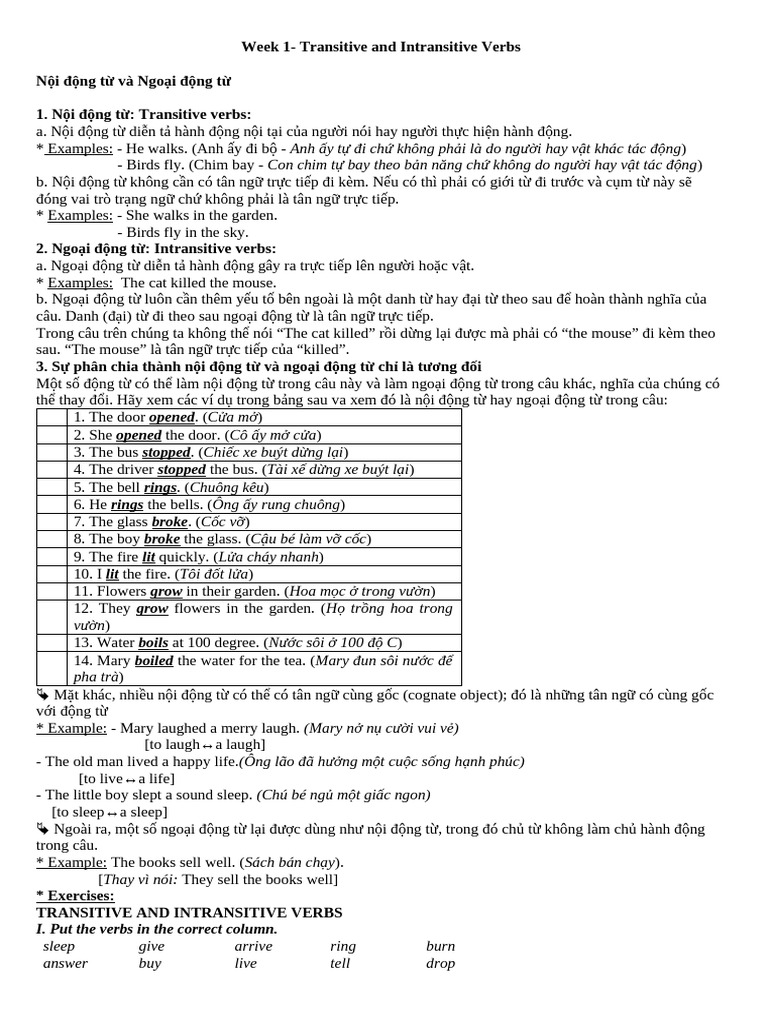 Week 1 Transitive and Intransitive Verbs | PDF