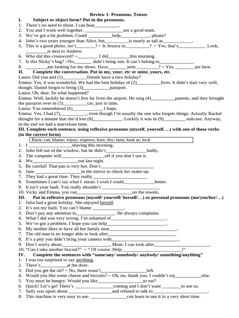 Pronouns and Tenses Practice Exercises | PDF
