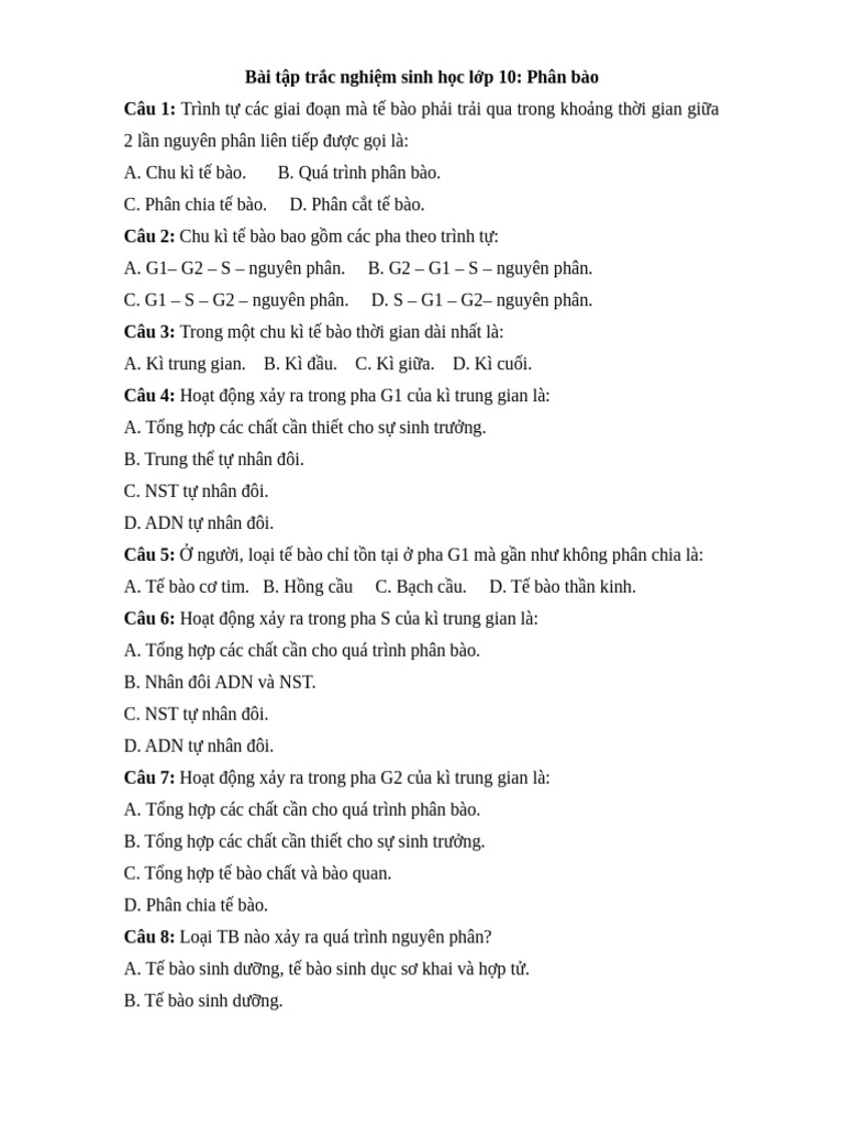 Bai Tap Trac Nghiem Sinh Hoc Lop 10 Phan Bao | PDF