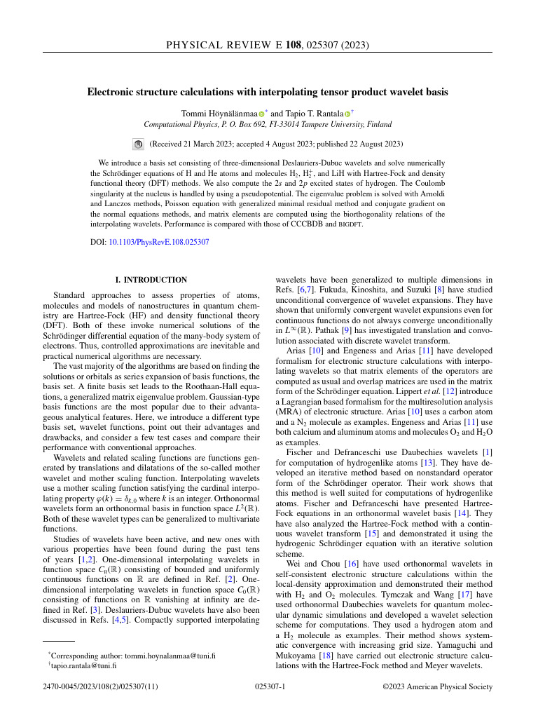 Electronic structure calculations with interpolating tensor product wavelet basis | PDF ...