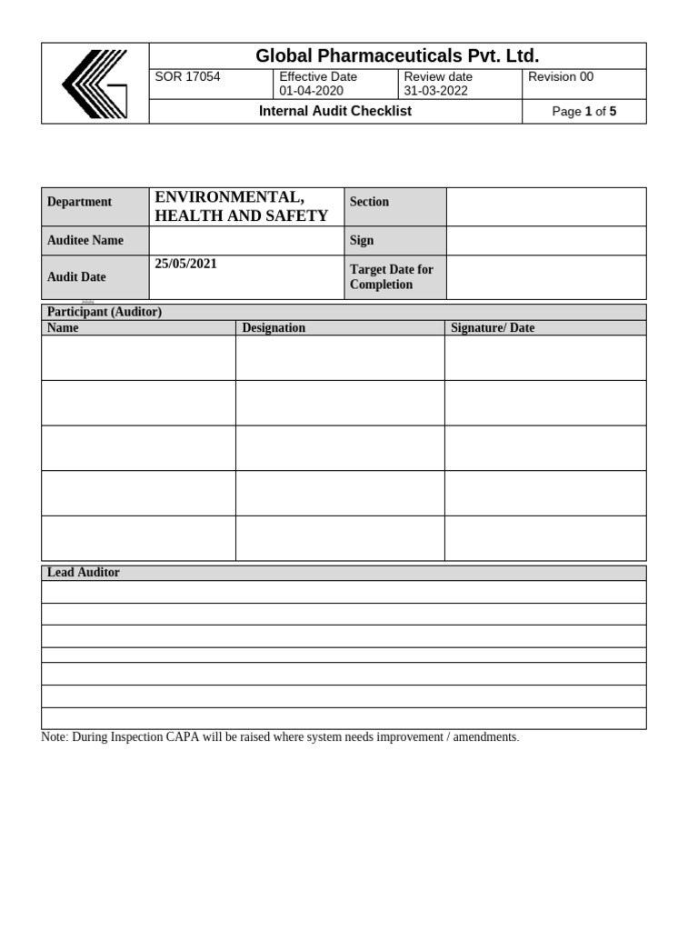 EHS Internal Audit Checklist Guide | PDF | Emergency | Audit