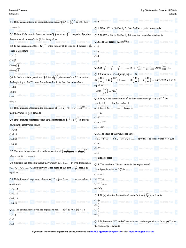 JEE Main Binomial Expansion Questions | PDF | Arithmetic | Discrete ...