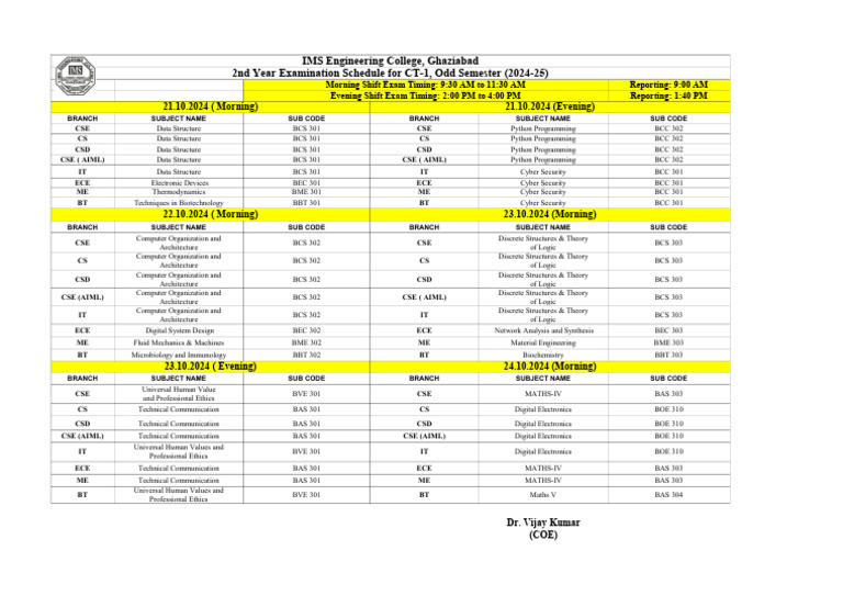 2nd Year Exam Schedule (CT-1) | PDF | Engineering | Computer Science