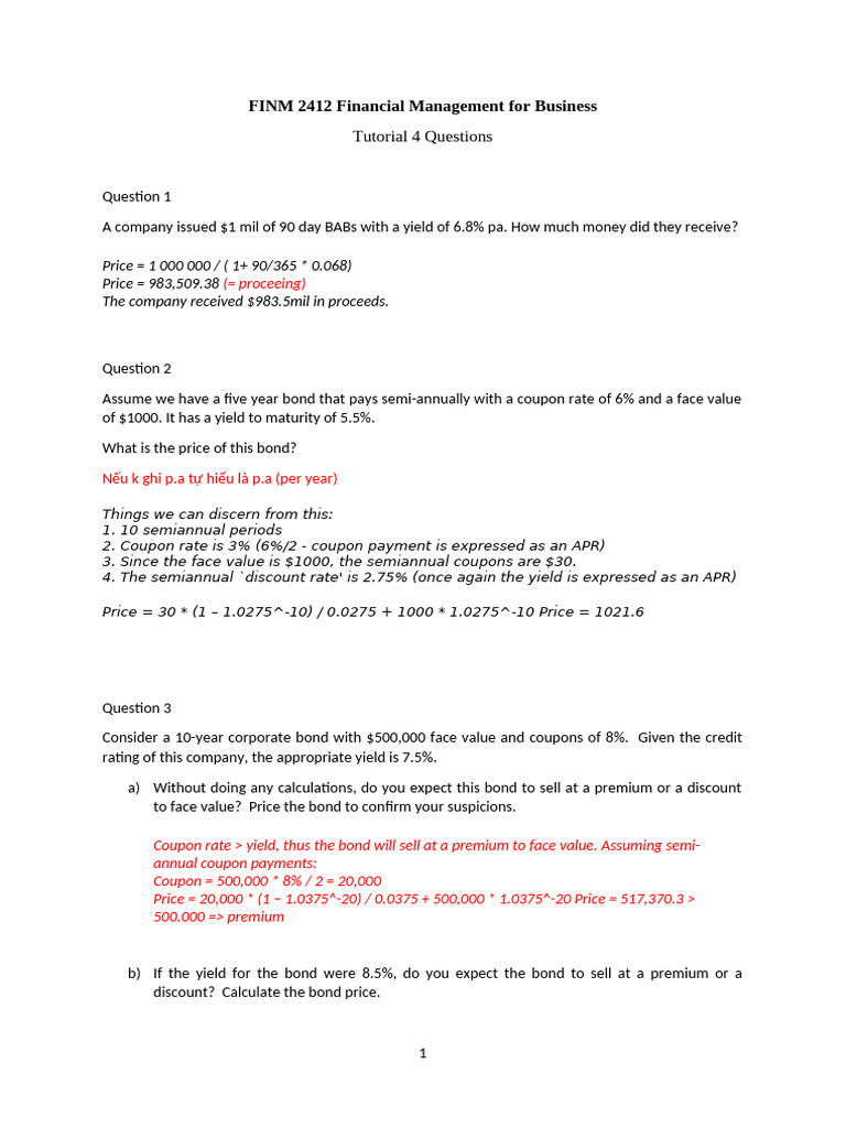 Tutorial 4 Questions | PDF | Bonds (Finance) | Yield (Finance)