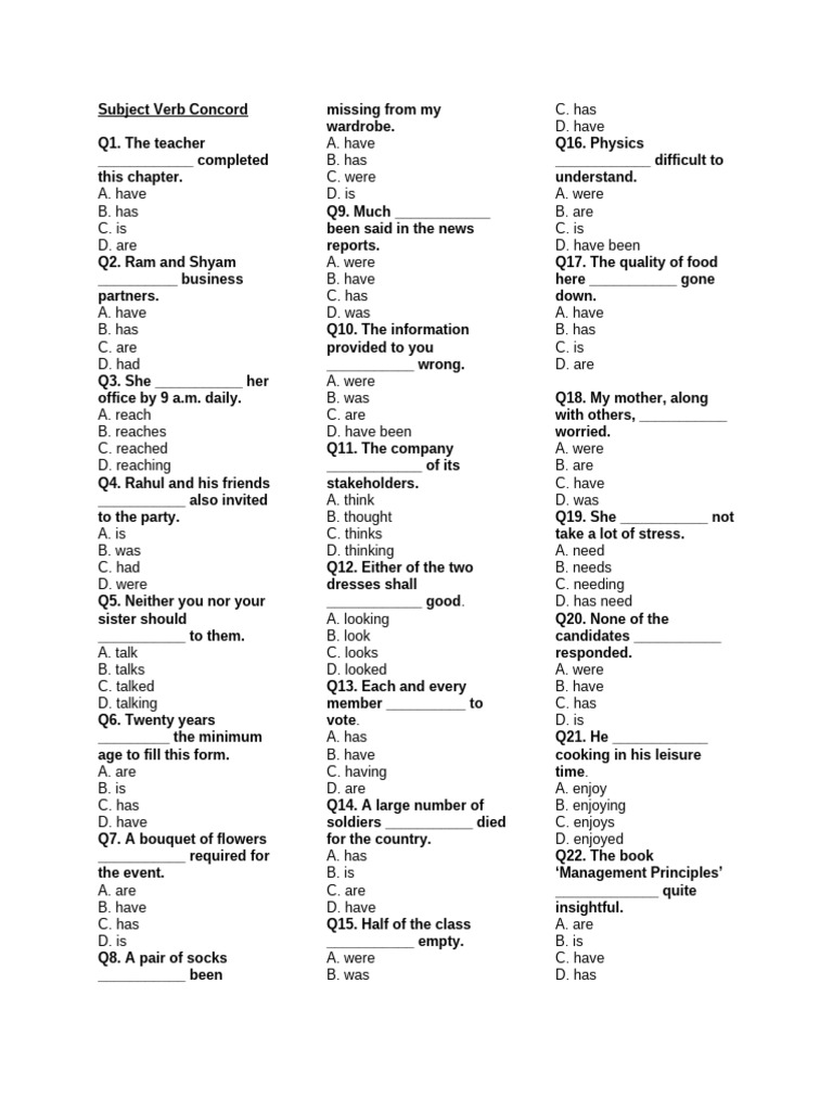 Subject Verb Concord Worksheet | PDF