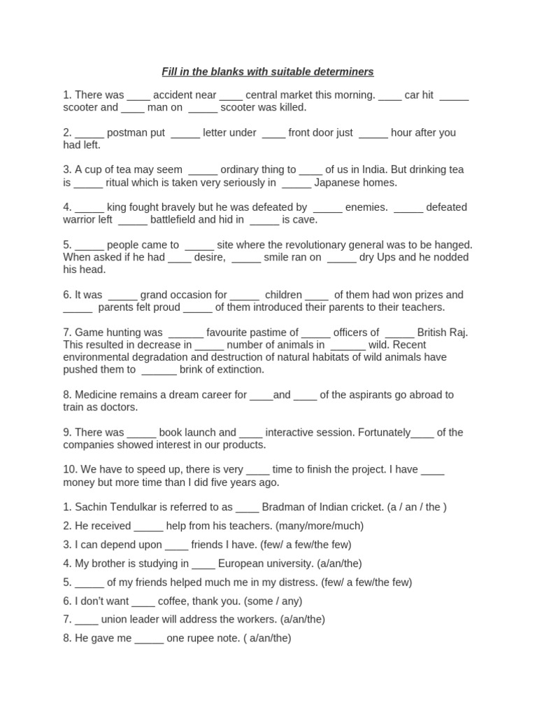 Determiners Worksheet. | PDF