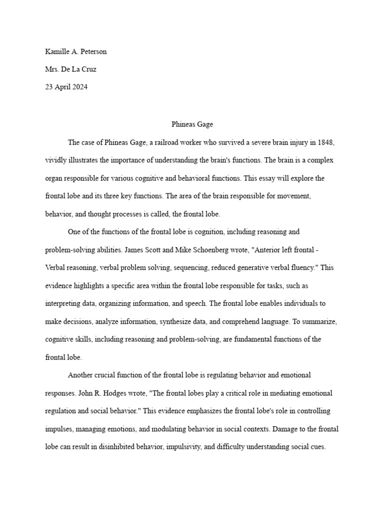 Phineas Gage - Essay Final Draft | PDF | Frontal Lobe | Emotions