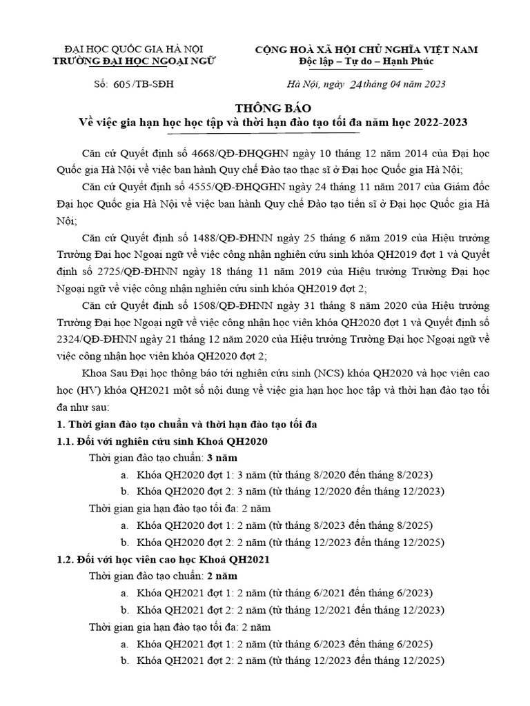 TB 605 Thong Bao Gia Han Dao Tao Nam 2023 Web | PDF