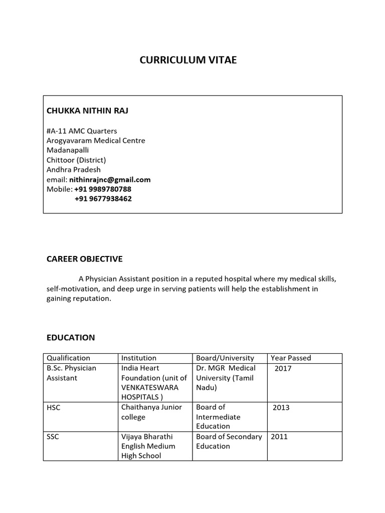 Physician Assistant CV - Chukka Nithin Raj | PDF | Physician | Patient