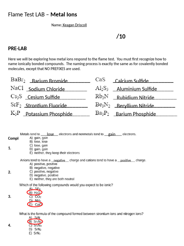 Keagan Driscoll - LAB - Intro To Ions | PDF | Chemical Compounds | Ion
