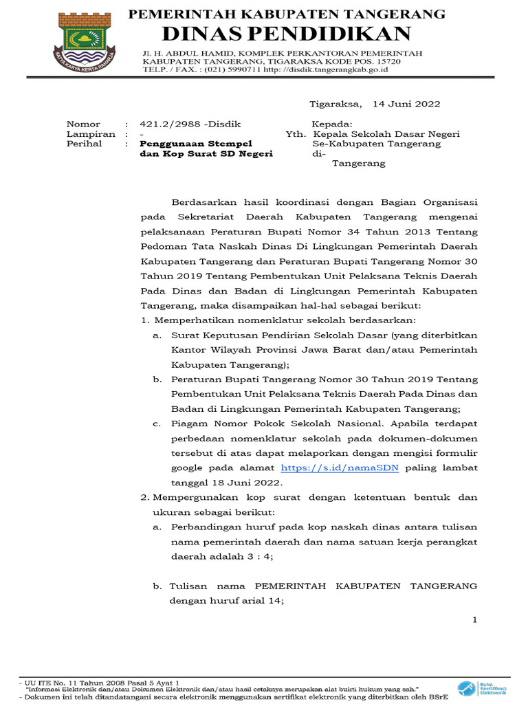 421.2-2988-Disdik Penggunaan Stempel dan Kop Surat SDN_sign | PDF