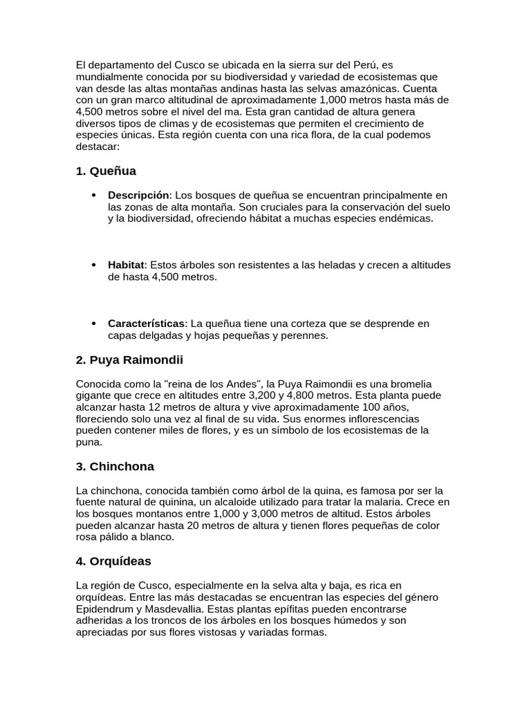 Flora Diversa del Cusco y sus Especies | PDF | Arboles | Plantas