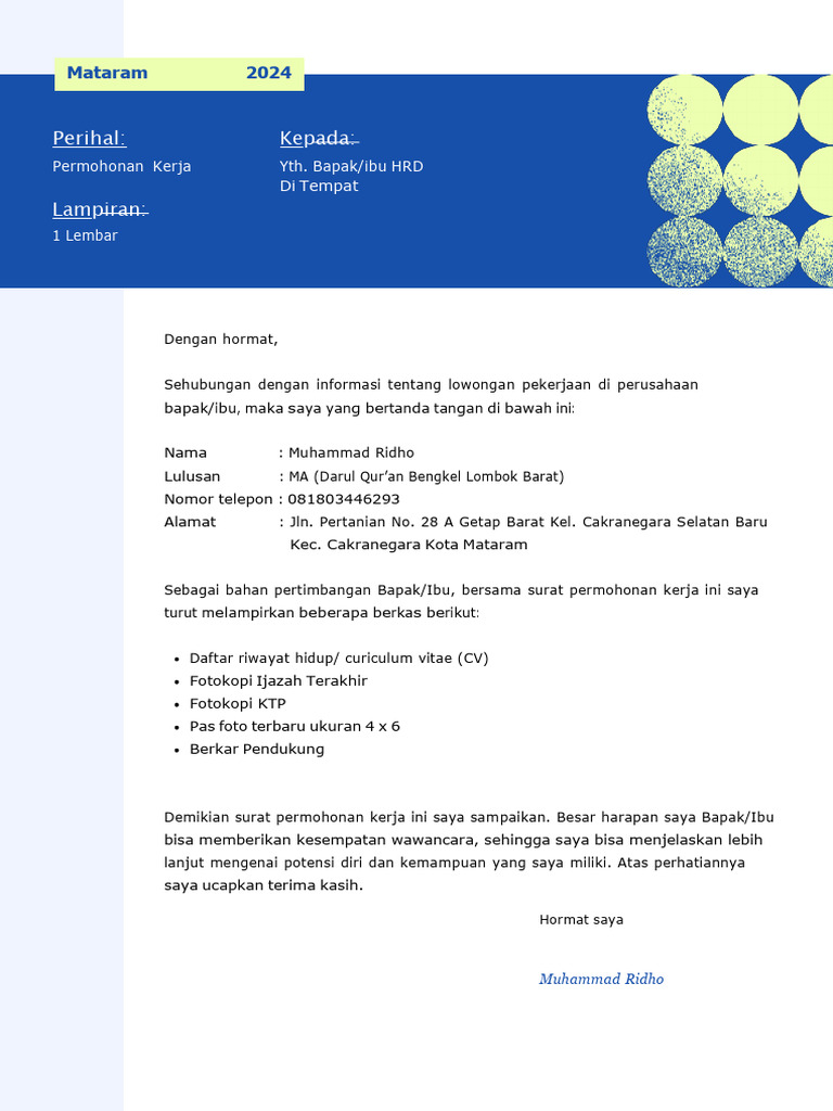 Surat Lamaran M. Ridho | PDF | Bisnis | Ilmu Sosial