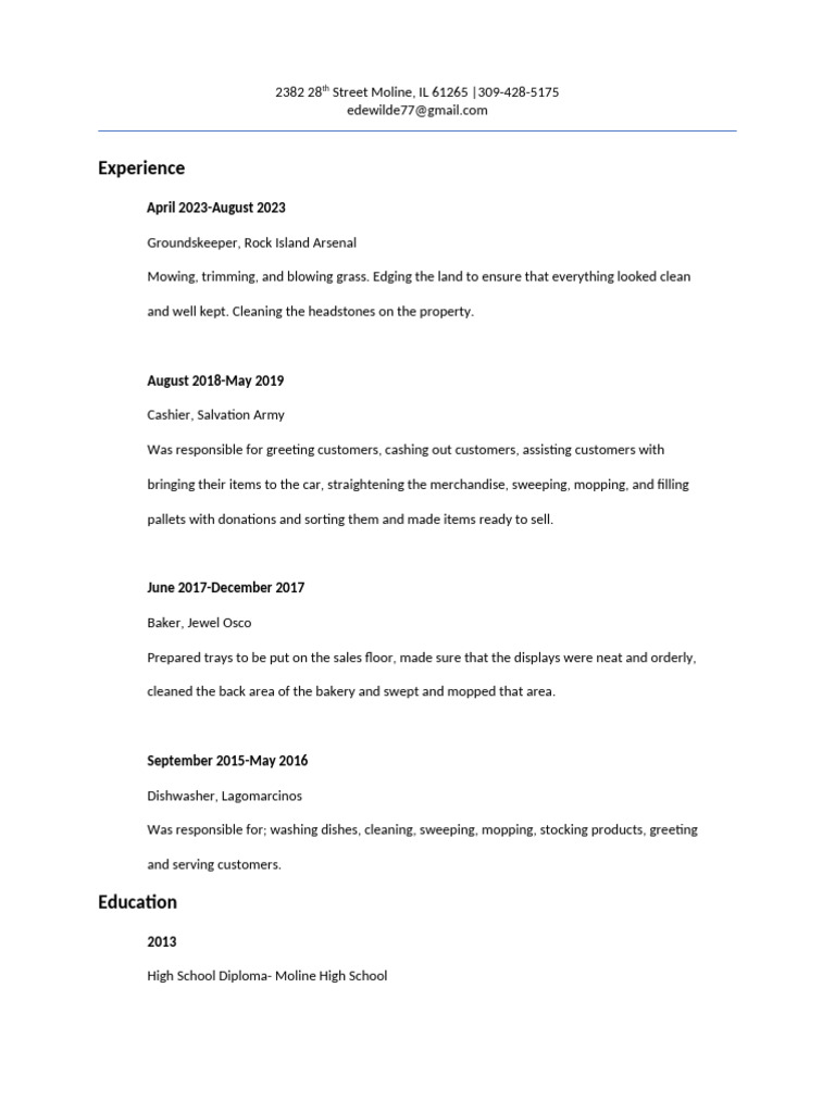 Moline IL Job Experience Summary | PDF