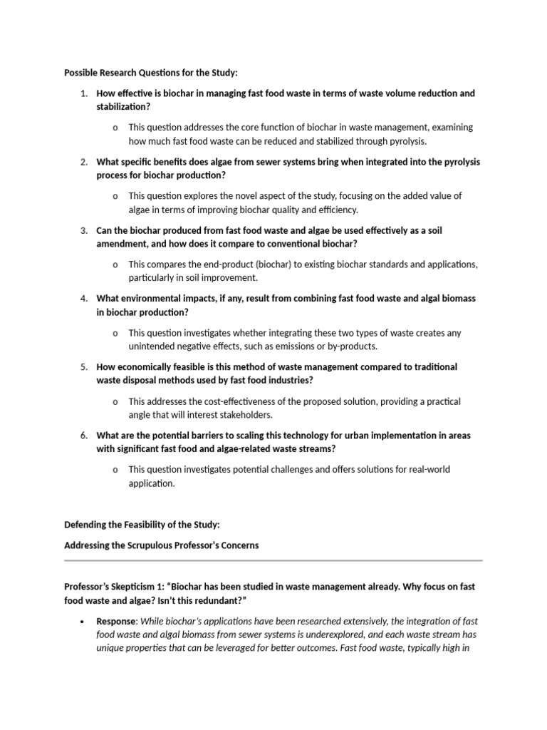 Possible Research Questions For The Study - Evaluating The Potential of ...