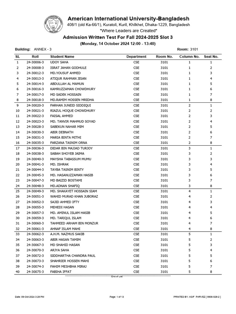 Fall-2024-2025-Slot-3 Admission Exam Student Seat Plan | PDF