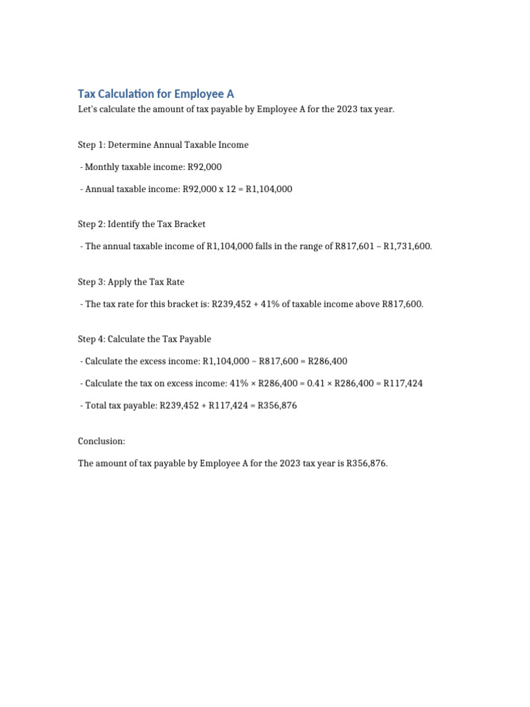 Tax Calculation For Employee A | PDF