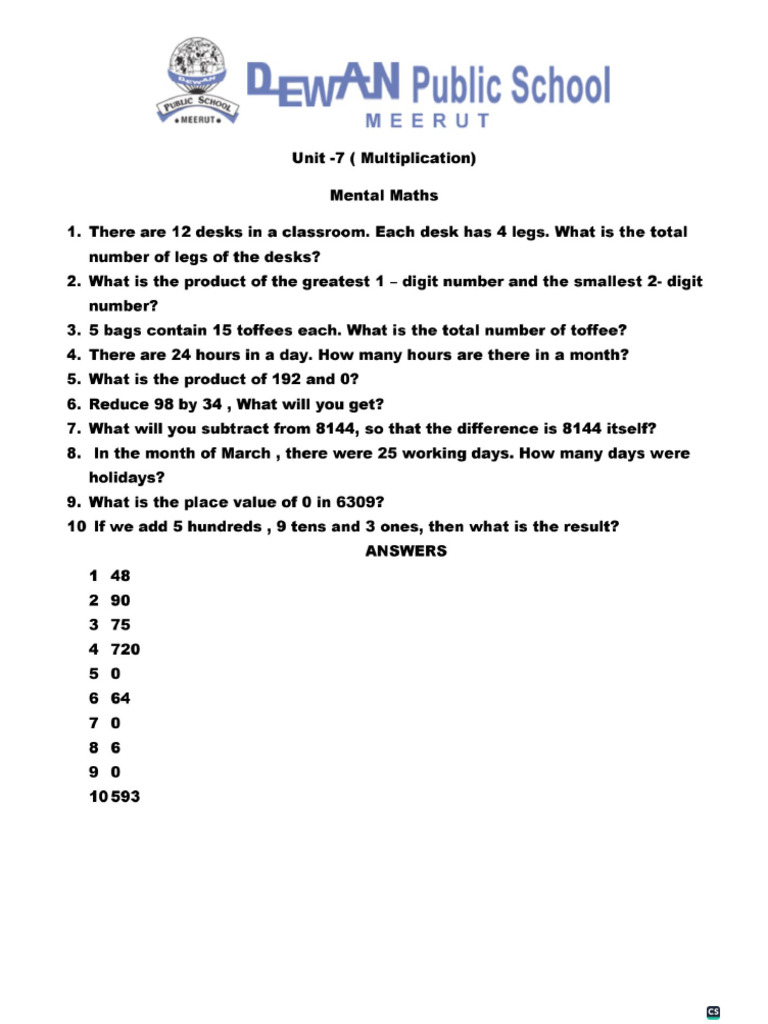 Unit 7 Mental Maths(2) | PDF