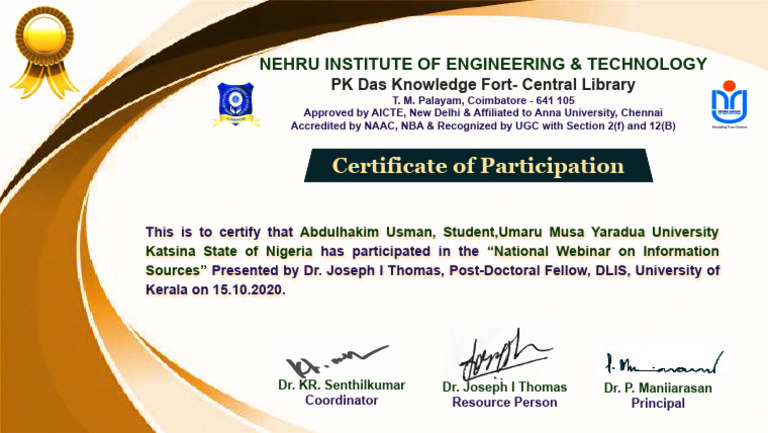 Certificate For Abdulhakim Usman For - Feedback Form - "National W... | PDF