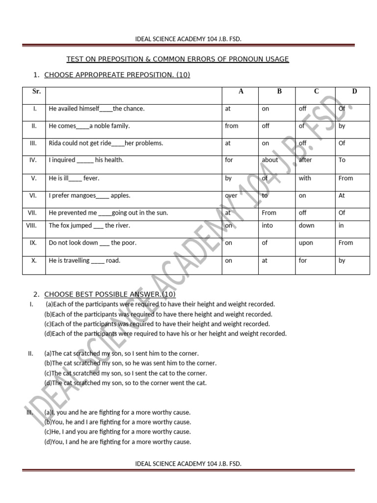 Preposition & Pronoun Usage Test | PDF