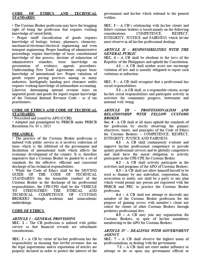 Code of Ethics and Technical Standards | PDF | Customs | U.S. Securities And Exchange Commission