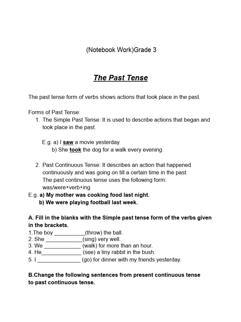The Past Tense( Notebook Work) Grade 3.Docx | PDF