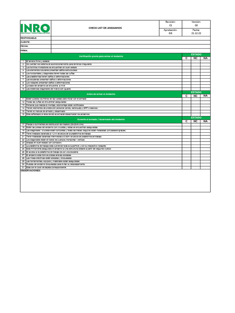 Check List De Andamios Pdf Andamio