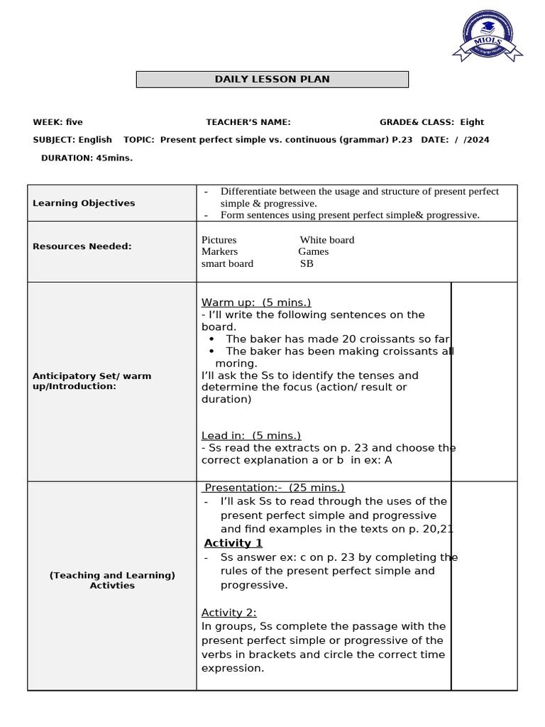 Lesson Plan: Present Perfect Tenses | PDF | Grammatical Tense | Languages