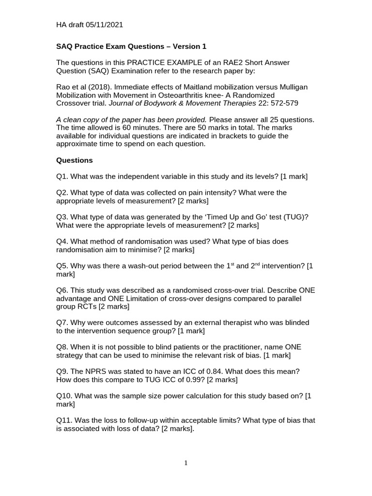 Rae2 Saq Practice Exam 1 No Answers | PDF | Randomized Controlled Trial | Methodology