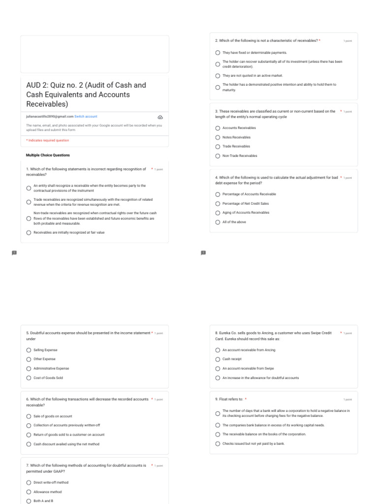 2AUD 2 Quiz No. 2 Audit of Cash and Cash Equivalents and Accounts ... 2AUD 2 Quiz No. 2 Audit of Cash and Cash Equivalents and Accounts ...