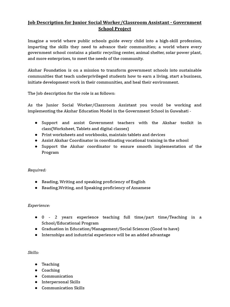 Junior Social Worker - Government School Project | PDF | Career & Growth