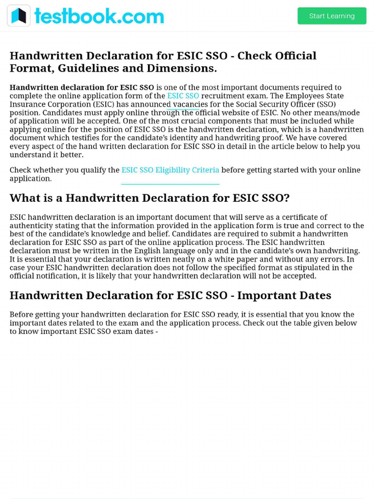 Handwritten Declaration For ESIC SSO - Check Official Format ...