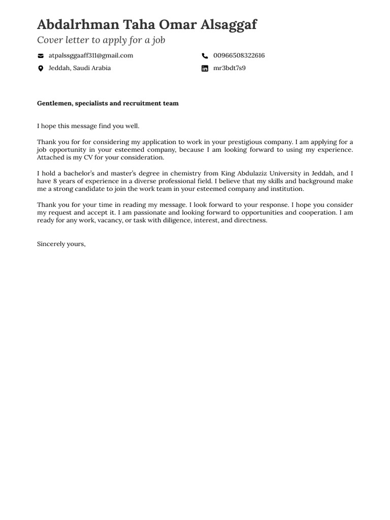 Abdalrhman Taha Alsaggaf - Cover Letter | PDF