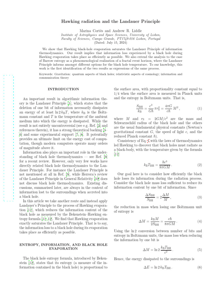 Hawking Radiation and The Landauer Principle | PDF | Black Hole ...