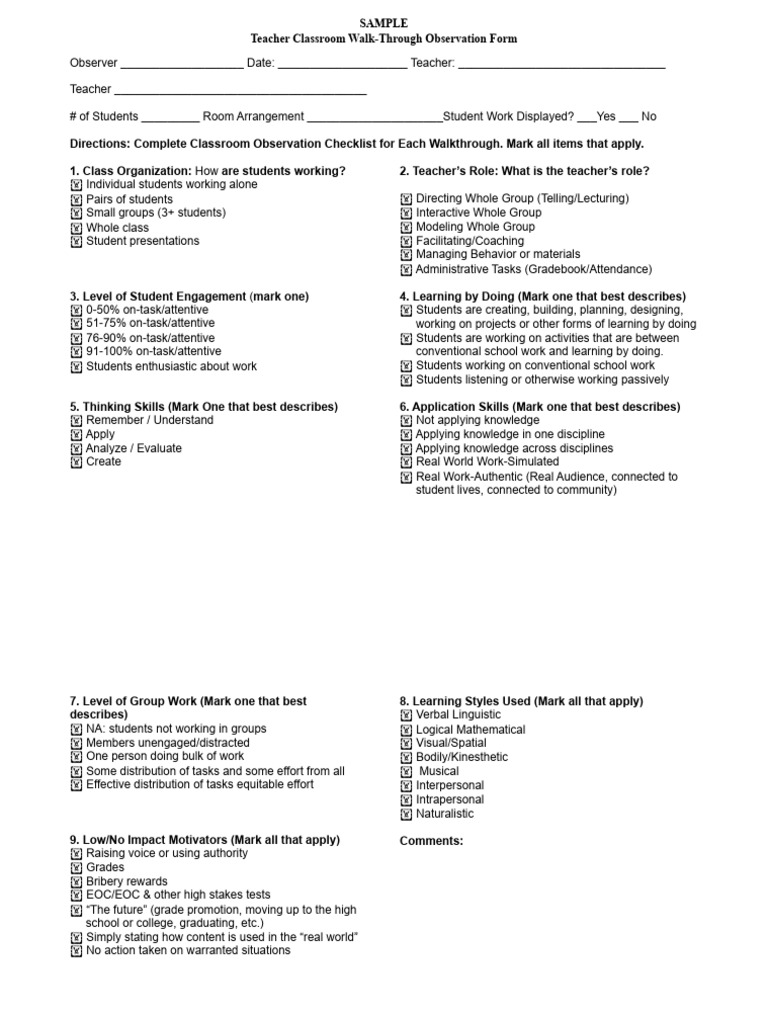Main - Teacher Classroom Walk Through Observation Form Sample | PDF ...