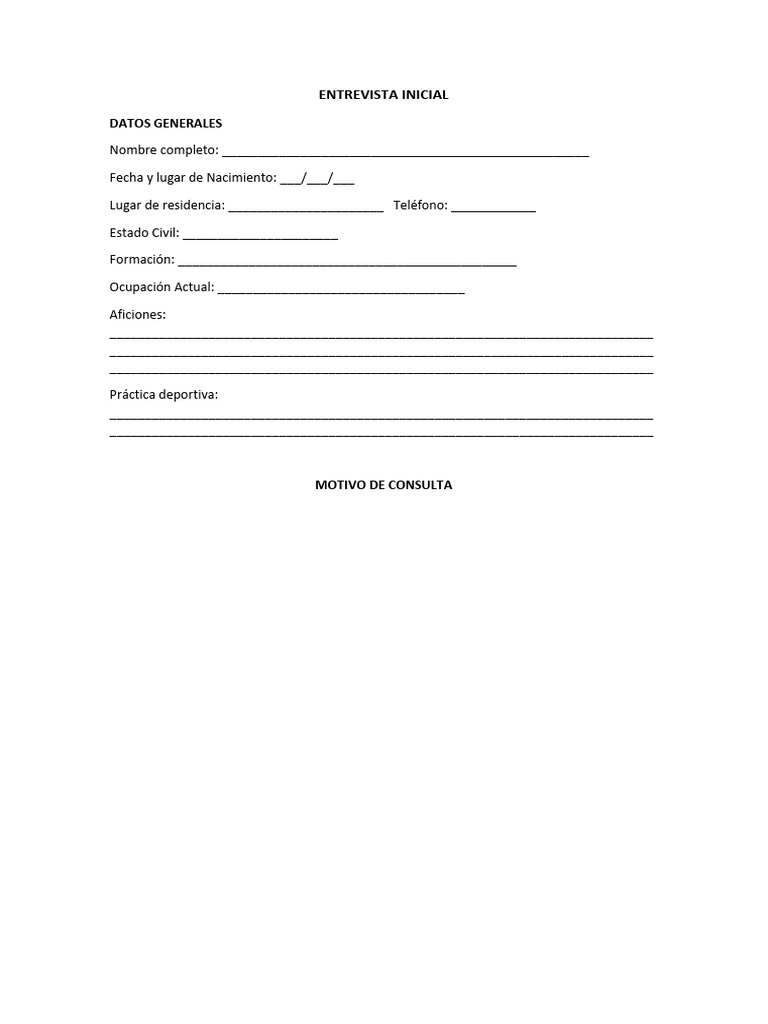 Plantilla ENTREVISTA INICIAL PS. | PDF | Sicología | Salud mental
