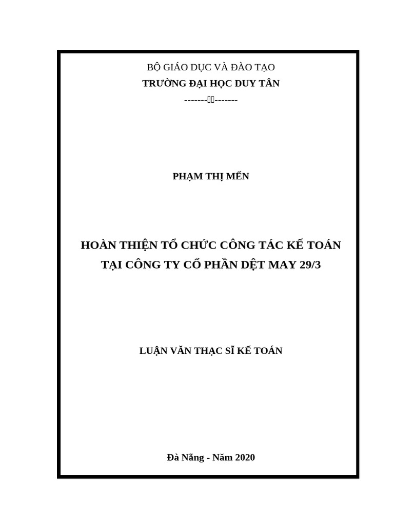 HOÀN THIỆN TỔ CHỨC CÔNG TÁC KẾ TOÁN TẠI CÔNG TY CỔ PHẦN DỆT MAY 293 | PDF