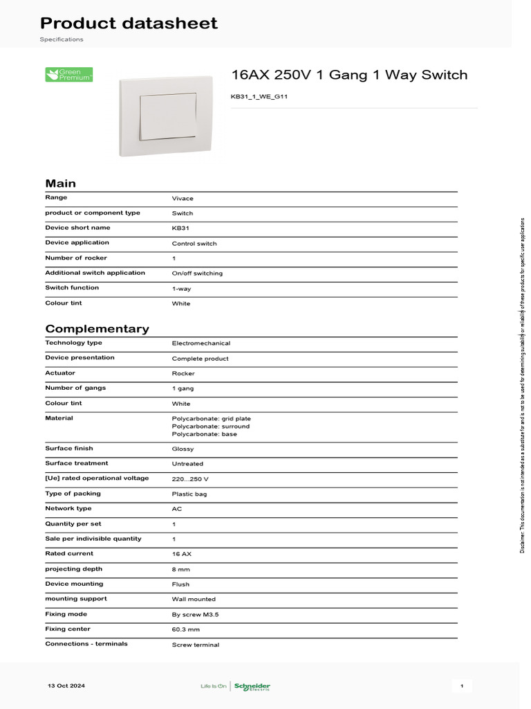 Schneider Vivace KB31 Switch Overview | PDF | Switch | Electricity