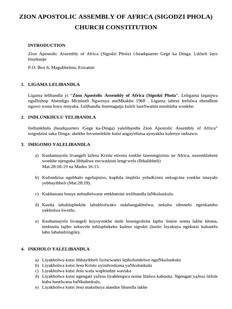 Zion Apostolic Assembly Constitution | PDF