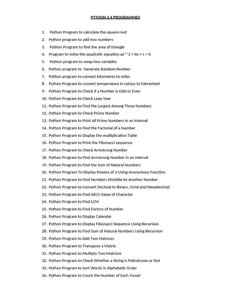PYTHON Programs List | PDF | Teaching Methods & Materials | Computers