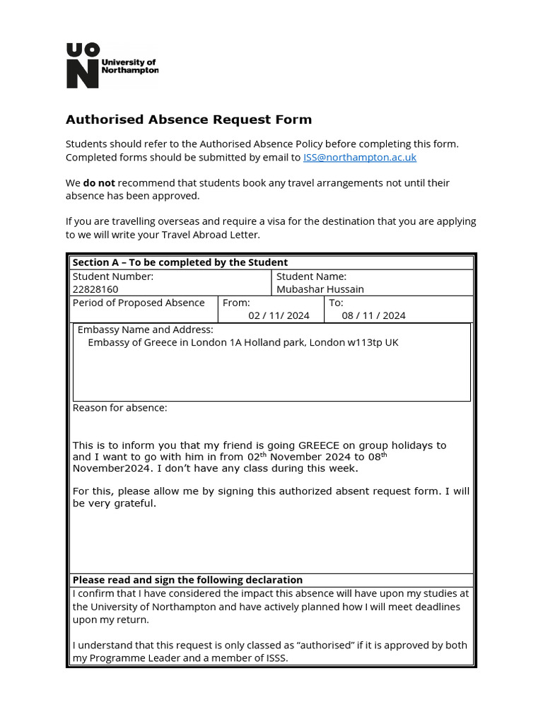Authorised Absence Request Form - V2[2446] 2 | PDF