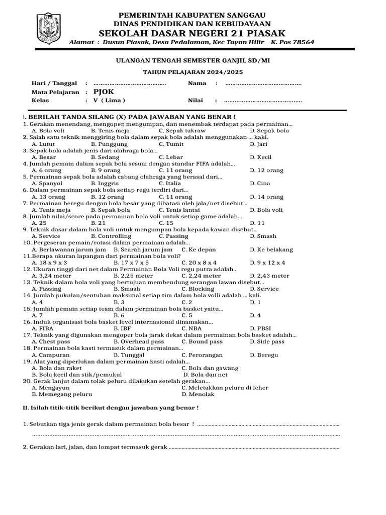Soal Uts Pjok Kls 5 Sm. Ganjil Tp. 2024-2025 | PDF