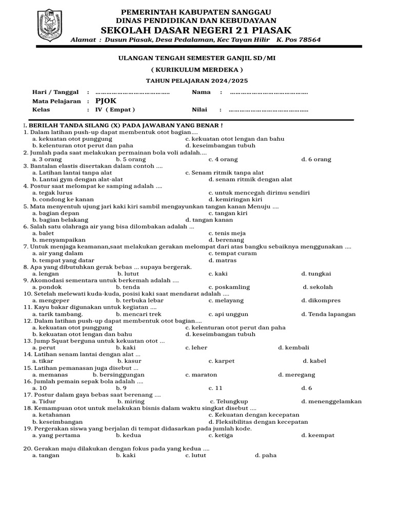 Soal Uts Pjok Kls 4 Sm. Ganjil Tp. 2024-2025 (Kumer) | PDF