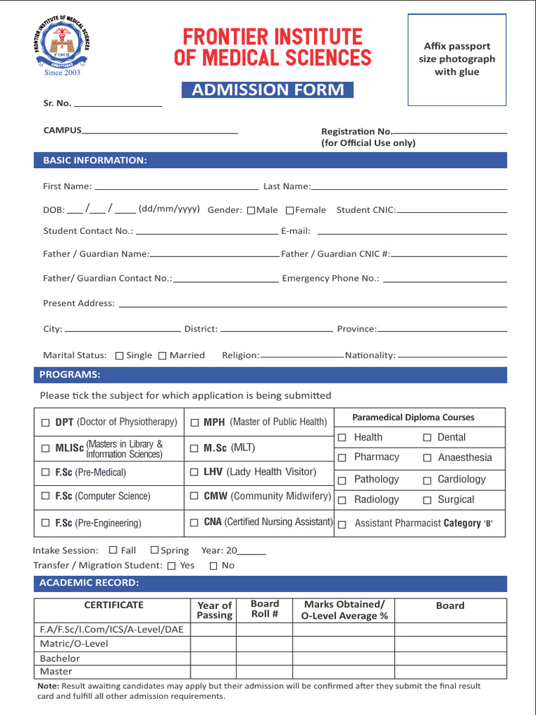 FIMS Admission Form Final For Wibsit | PDF | Health Care | Medicine