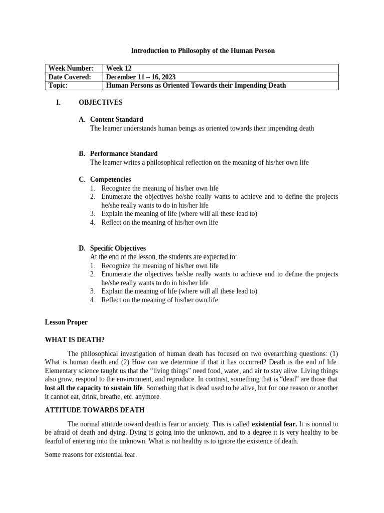 Week 7 8 As Oriented Towards Their Impending Death | PDF | Meaning Of ...