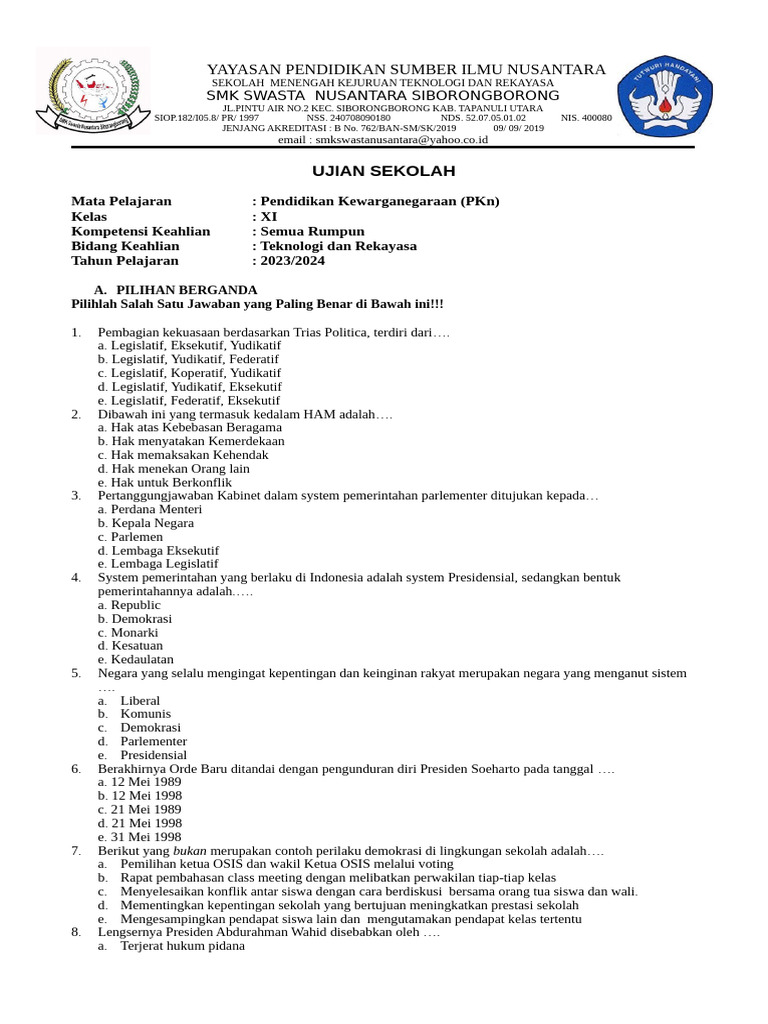 Soal Ujian PKN Xi Genap 2024 | PDF | Politik