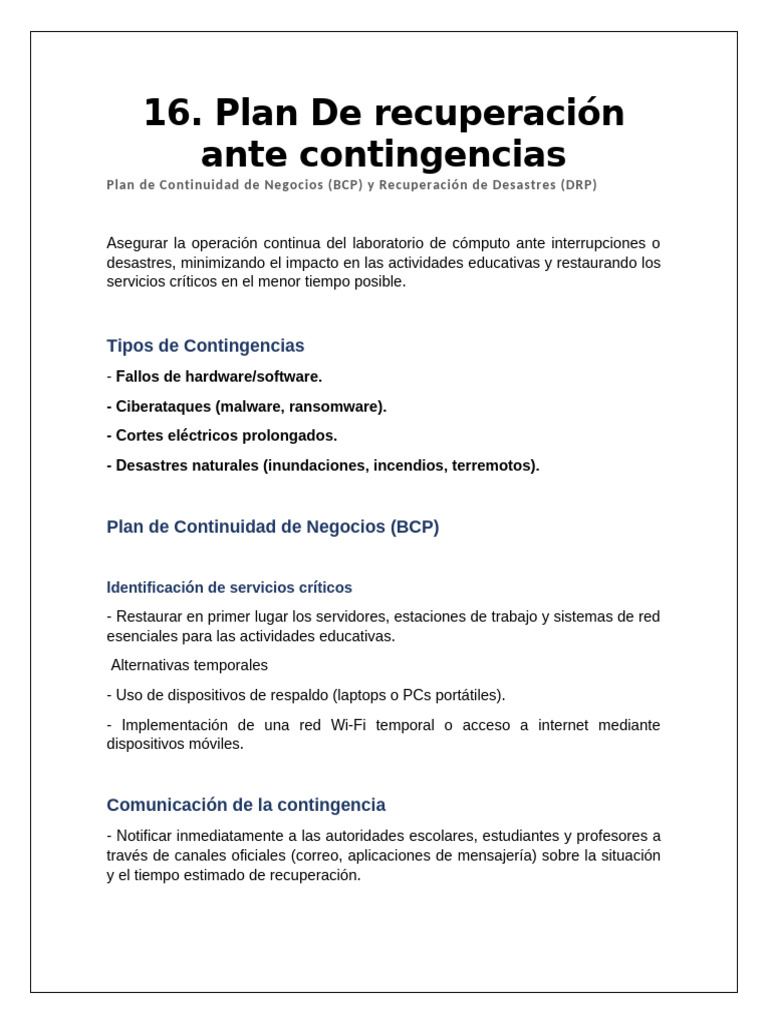 Plan de Recuperación Ante Contingencias | PDF | Tecnología