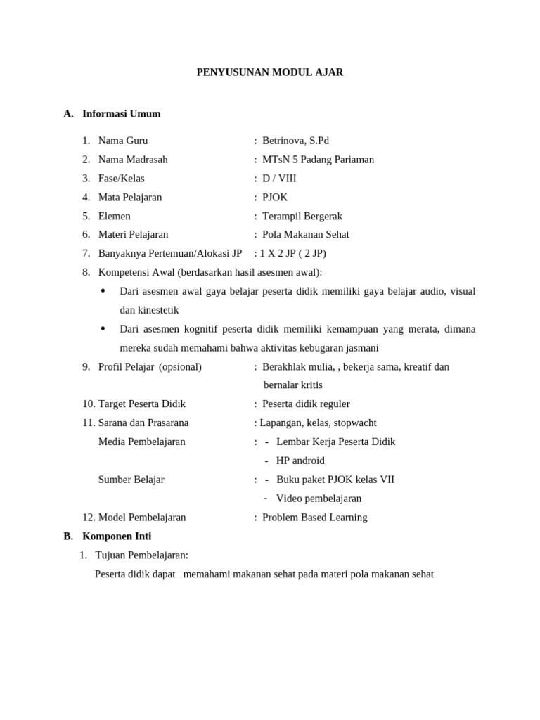 MODUL AJAR Pola Makan Sehat | PDF
